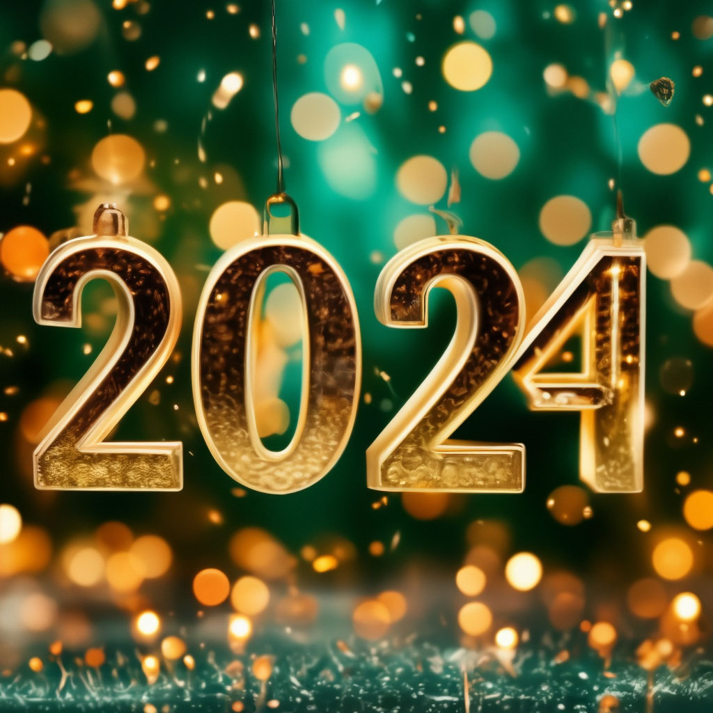 "New Year's card number 2024 on a magical emerald background, garlands ...
