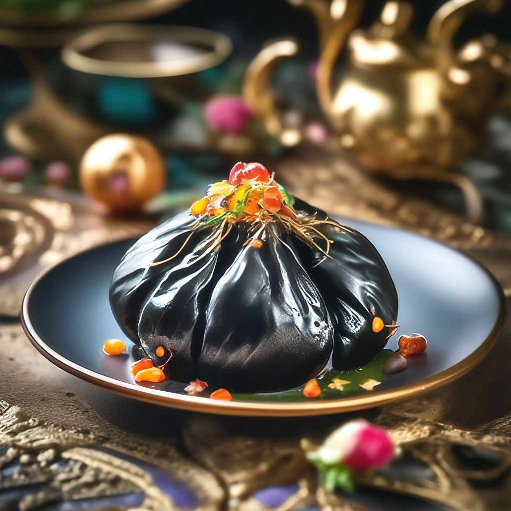 "⚡Black dumpling in Art Nouveau style in the world of fantasy, food art ...