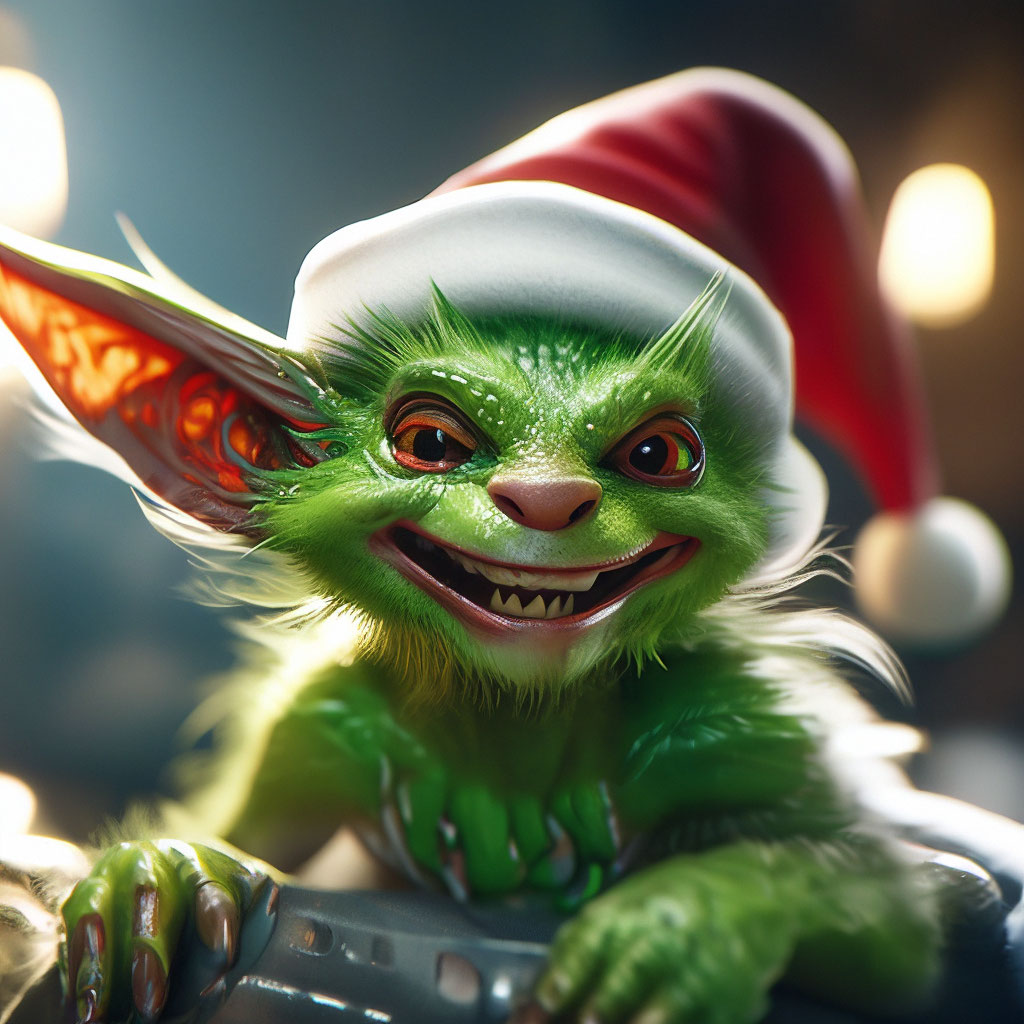 "Green gremlin in Santa Claus hat smiles rapaciously, realistic, 32k, high …" — image created in ...