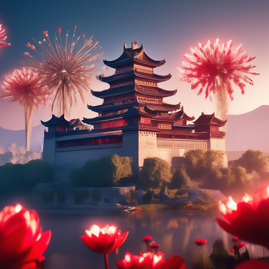 "Beautiful medieval Chinese castle with red bronze flowers fireworks ...