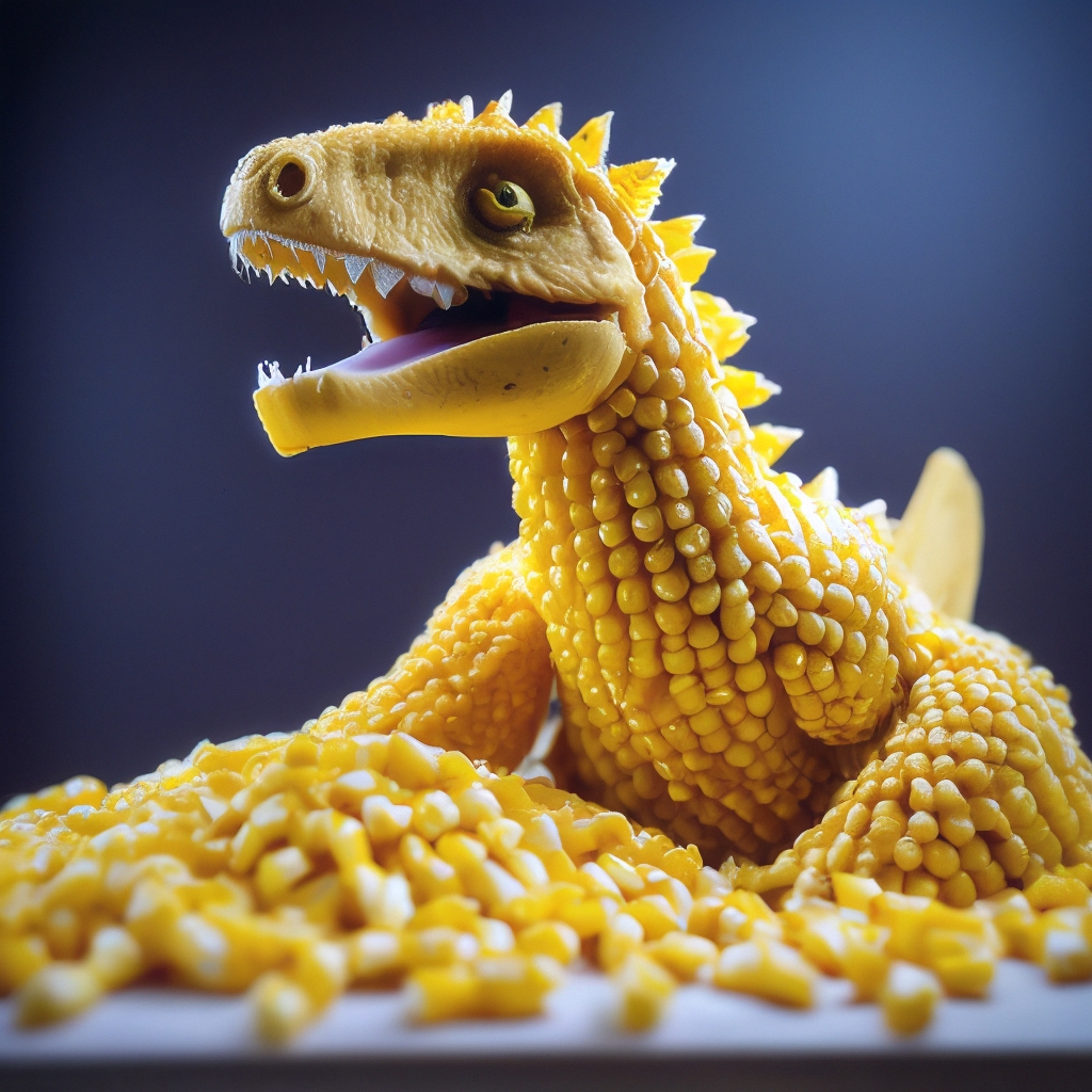 "Velociraptor made of corn" — image created in Shedevrum
