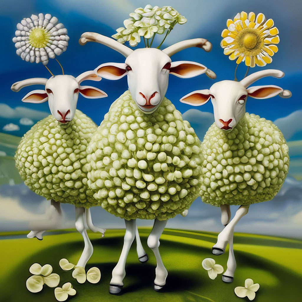 "Dancing Irish clover sheep☘️ grotesque, surrealism in the style of ...