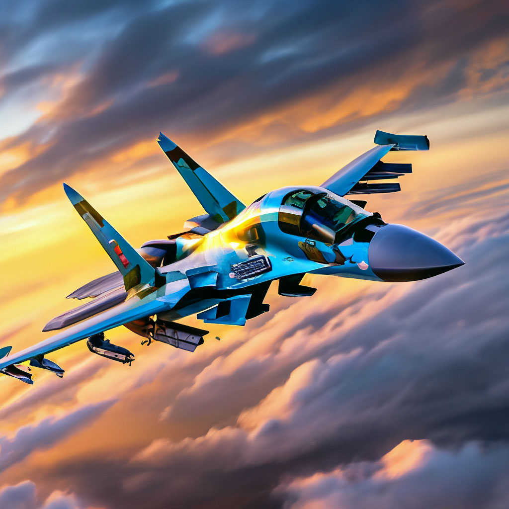"The Su-34 fighter jet flies in the dawn sky" — image created in Shedevrum