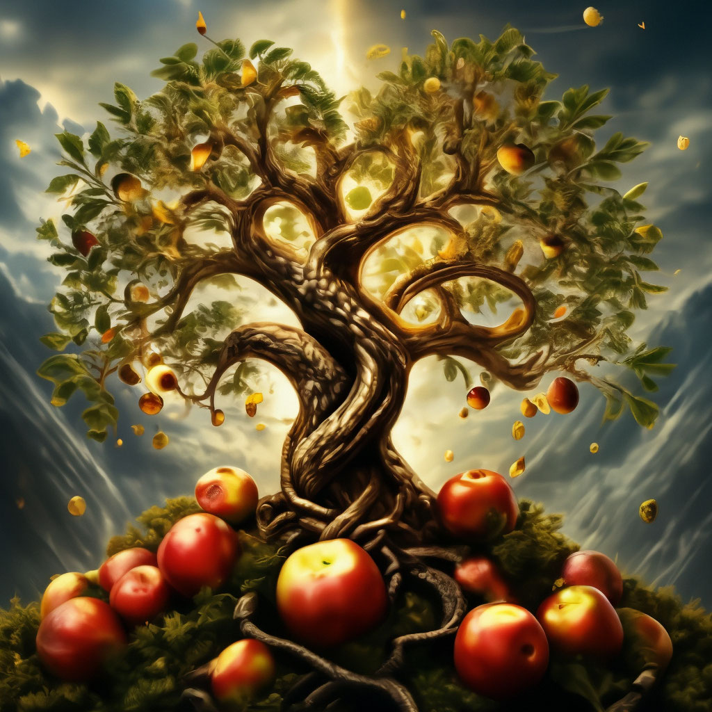 "The image of the tree of life with a twisted trunk with golden apples ...