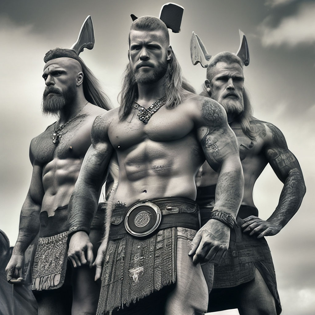 "Three muscular Vikings,tattoos,muscles,standing on the edge of a cliff ...