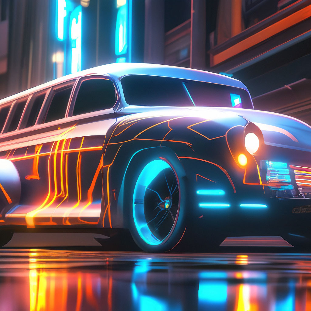 "An ultra-modern fractal passenger car stands on an old truck ...