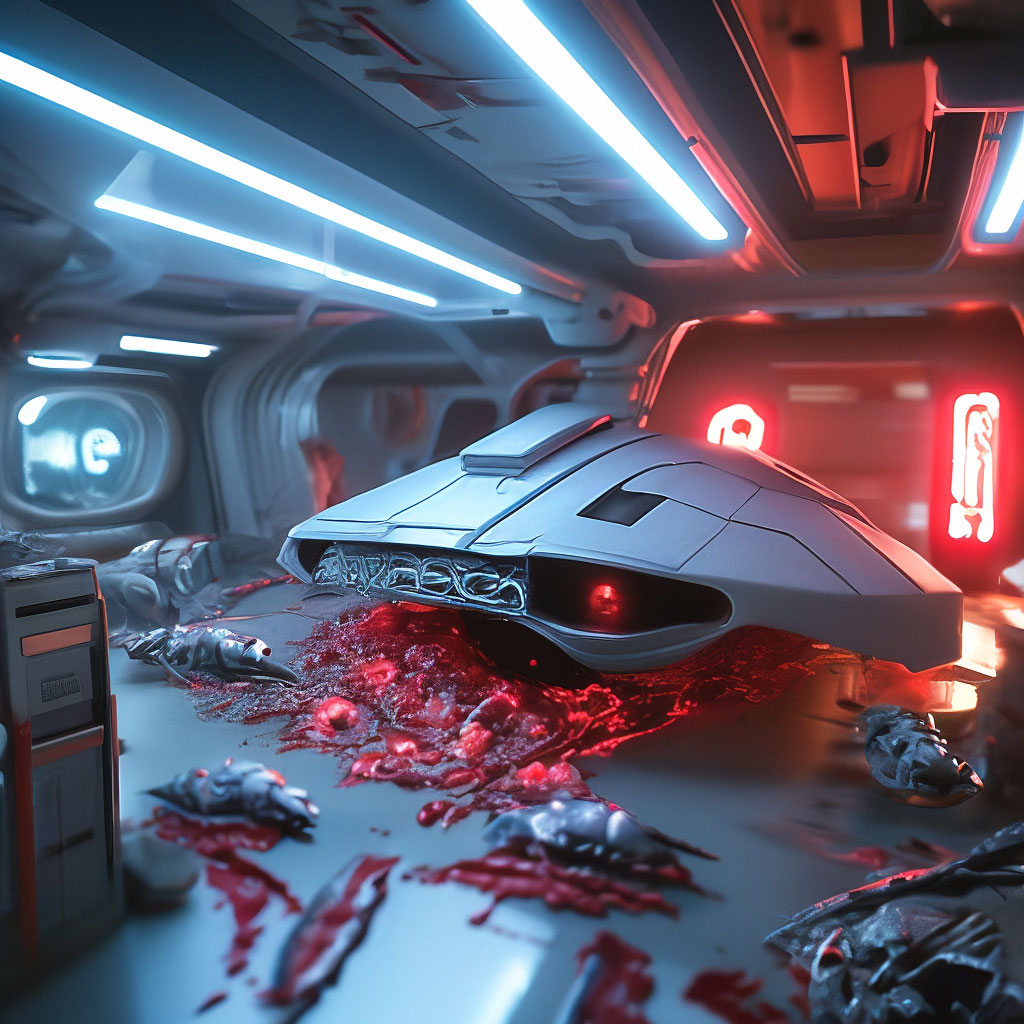 "Alien carnage in the garage compartment of a lightsaber ship" — image ...