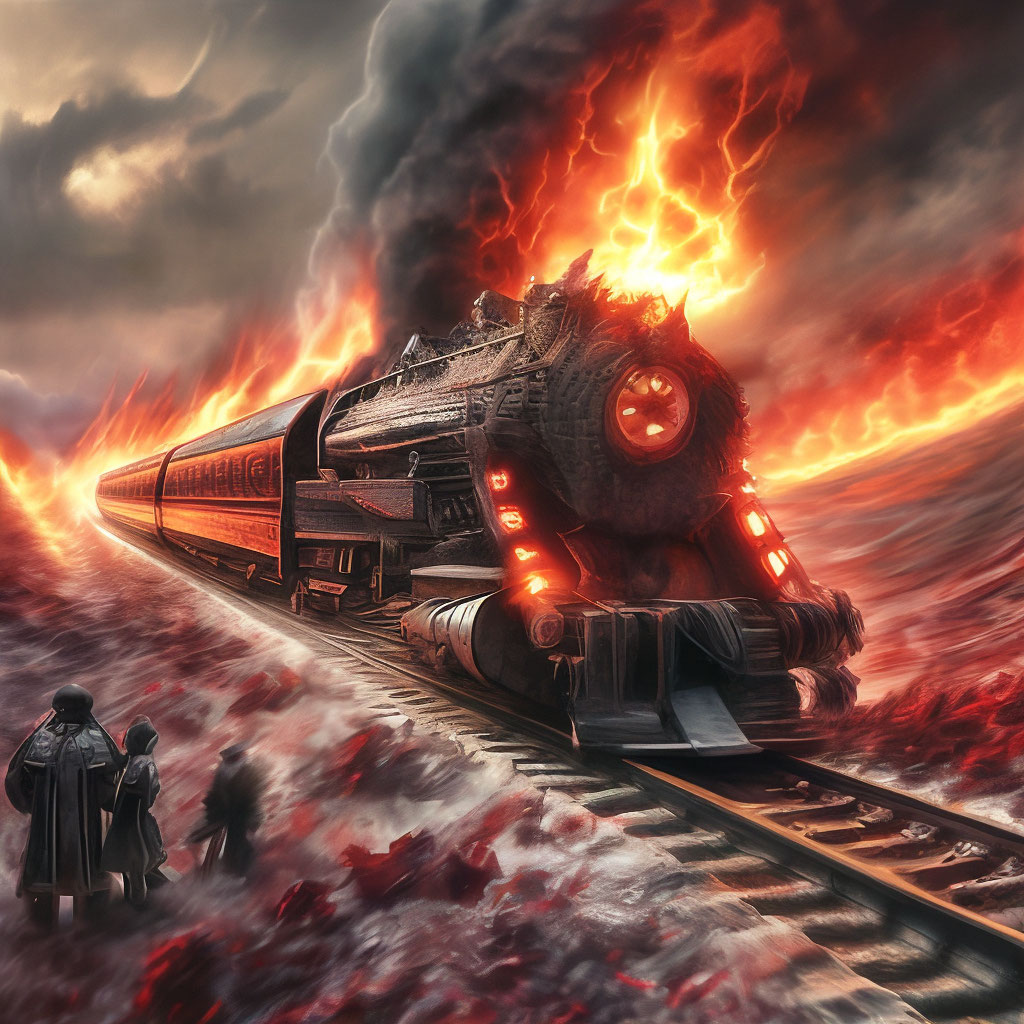 "A demonic train rushes along the fiery rails with sinners, hell ...
