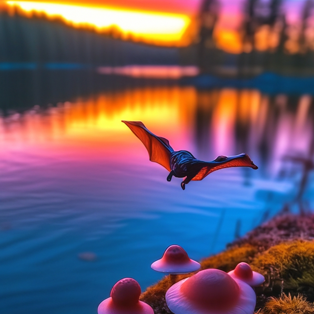 "Bat neon color near mushrooms in the forest on the lake , sunset on ...