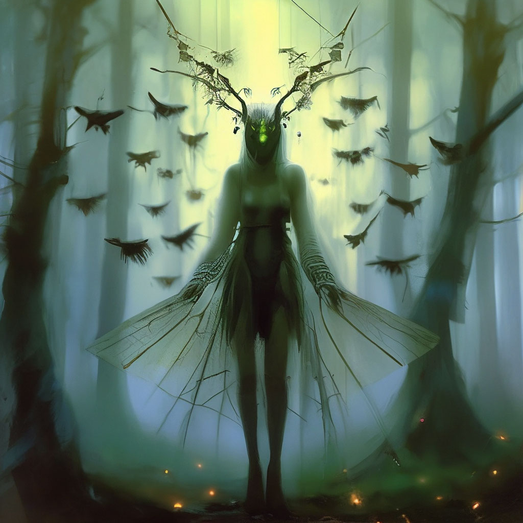 "The forest spirit, on thin high legs, looks like branches or horns ...