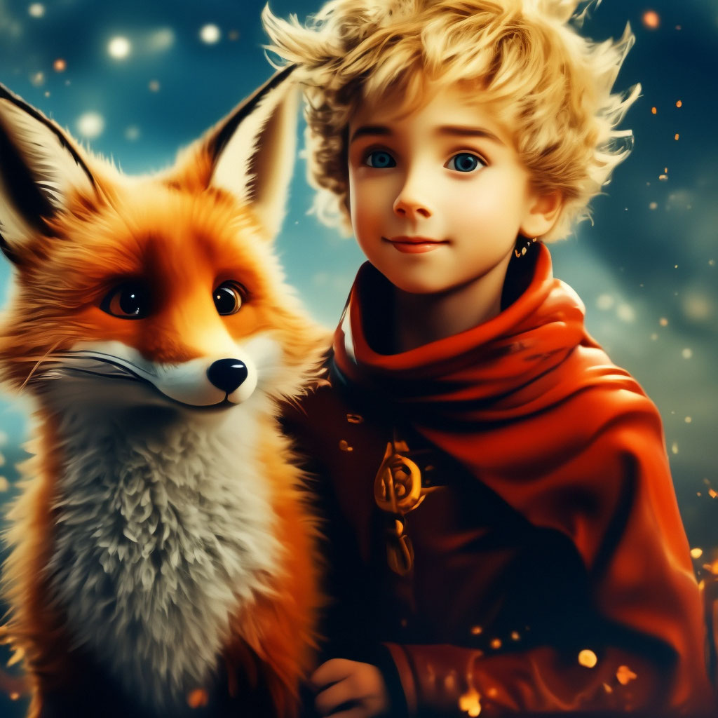 "The little prince is next to a fox ,talking and counting the stars ...