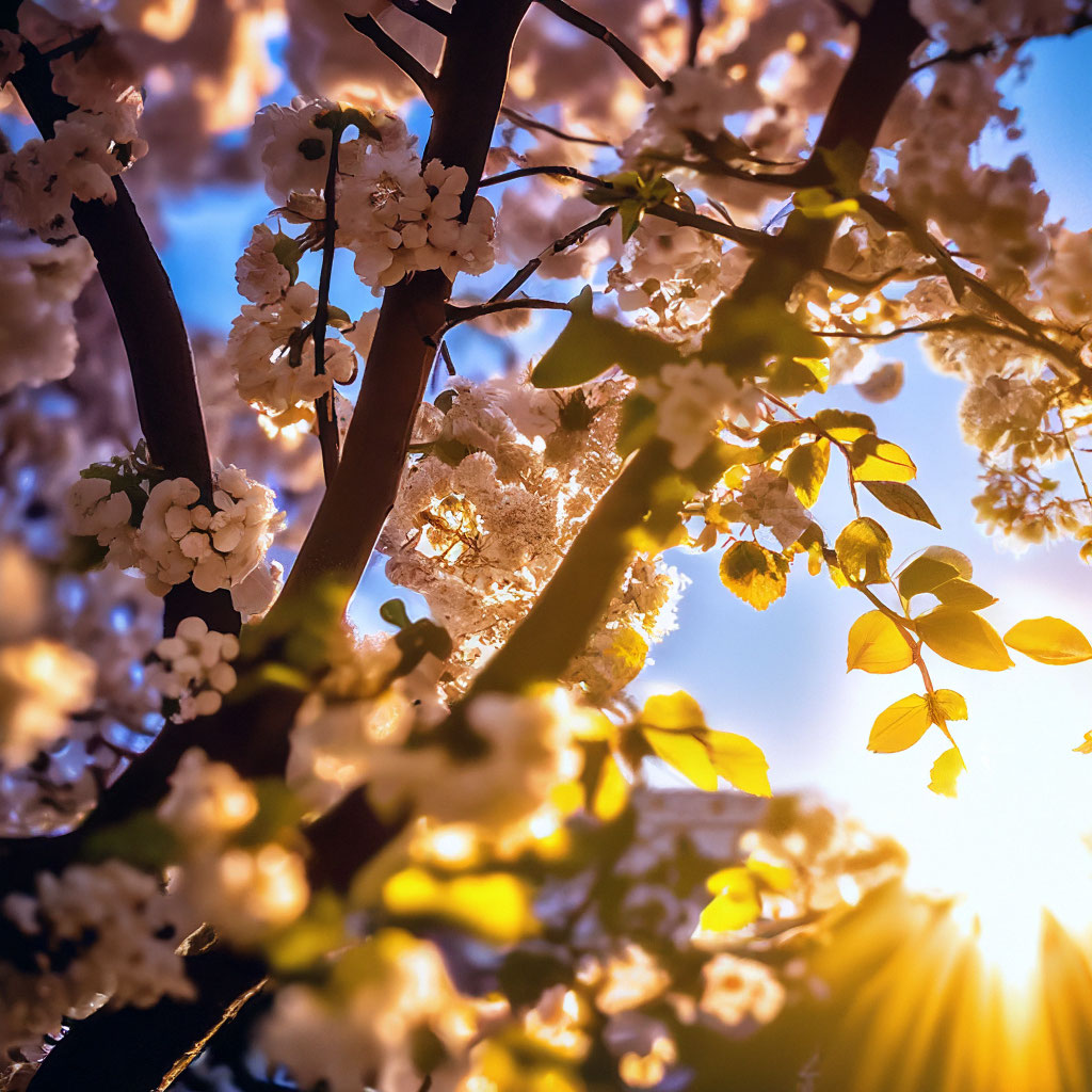 "Cherry tree, spring, noon, the sun shines through the leaves of the ...