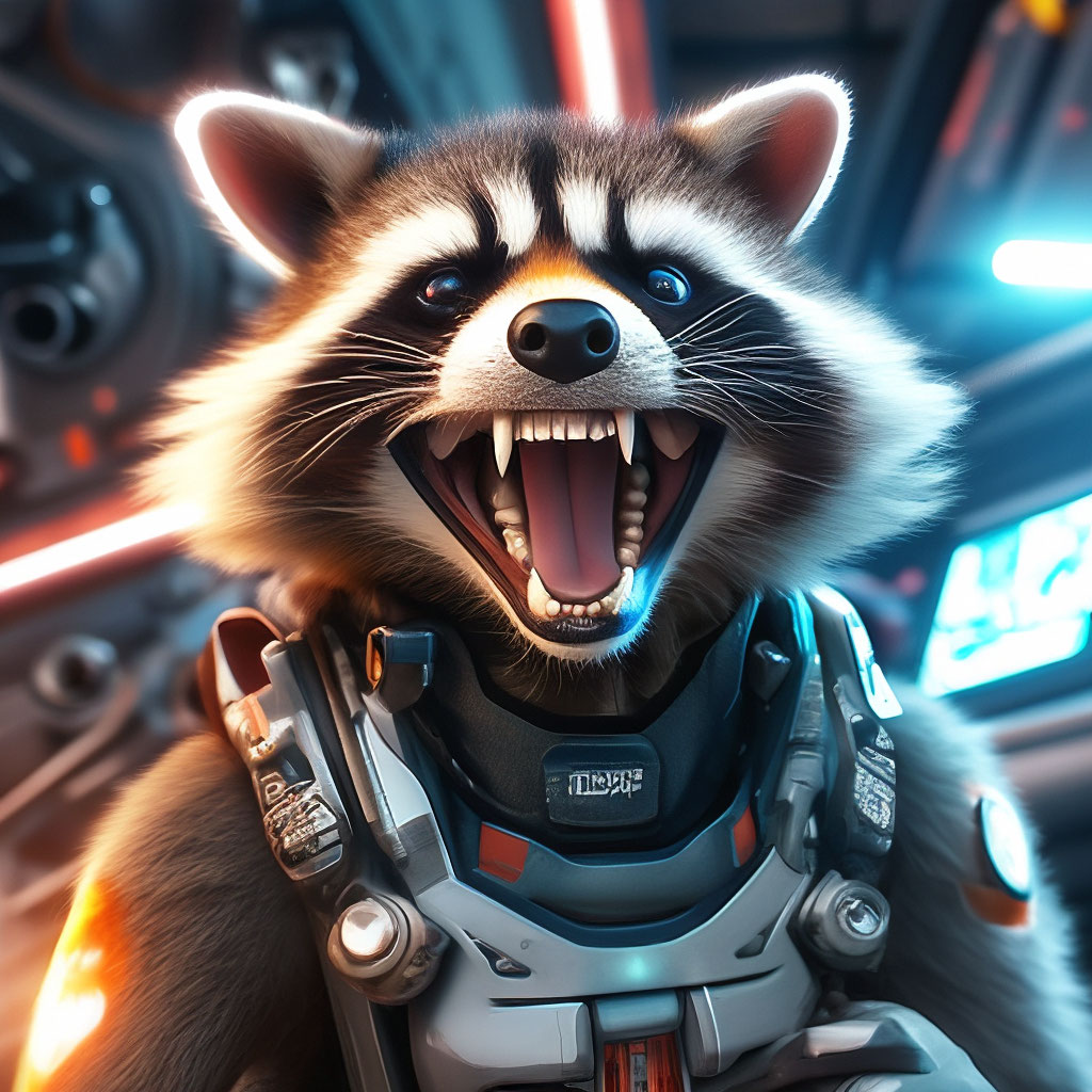 "Raccoon rocket cyberpunk photorealism smiles teeth" — image created in ...