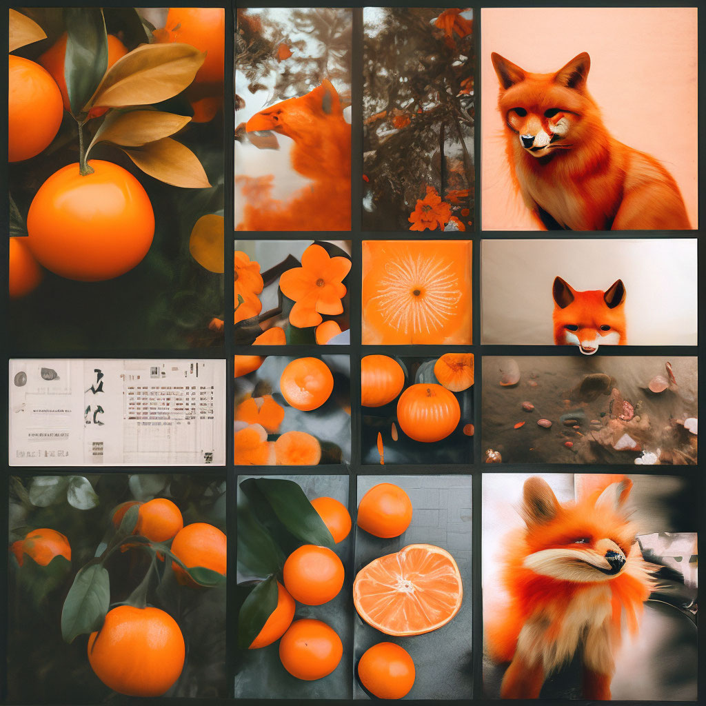 "Aesthetics of orange, collage, blossom, tangerines, red curls, fox ...