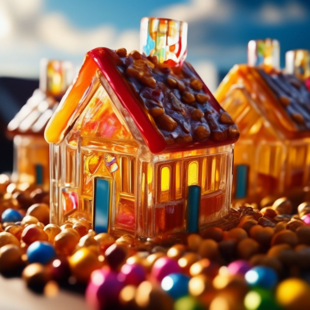 "Colorful transparent houses made of lollipops, sparkle in the sun ...