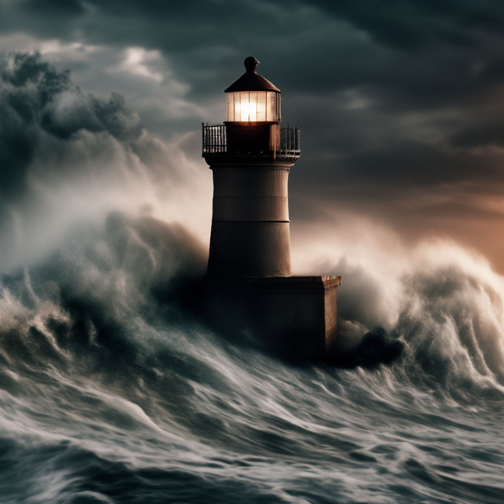 "Old lighthouse, storm, huge waves, thunderstorm, branching lightning ...