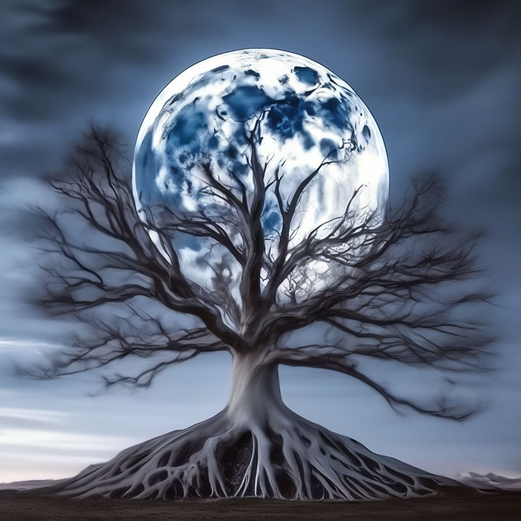 "There is such a moon in the sky, It's like a tree cut down at the root ...