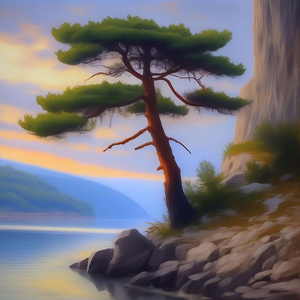 "A pine tree on a dark cliff of the river bank in the style of Monet ...