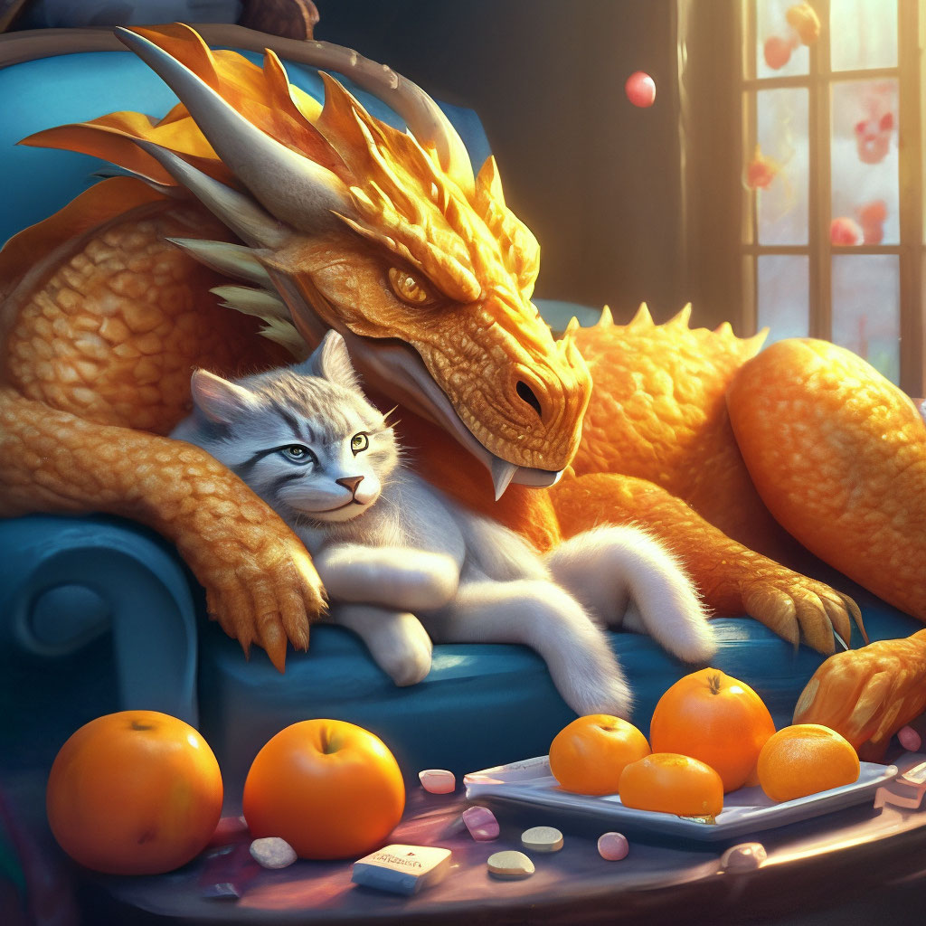 "The cat and the dragon. A satisfied Dragon is sitting in an armchair ...