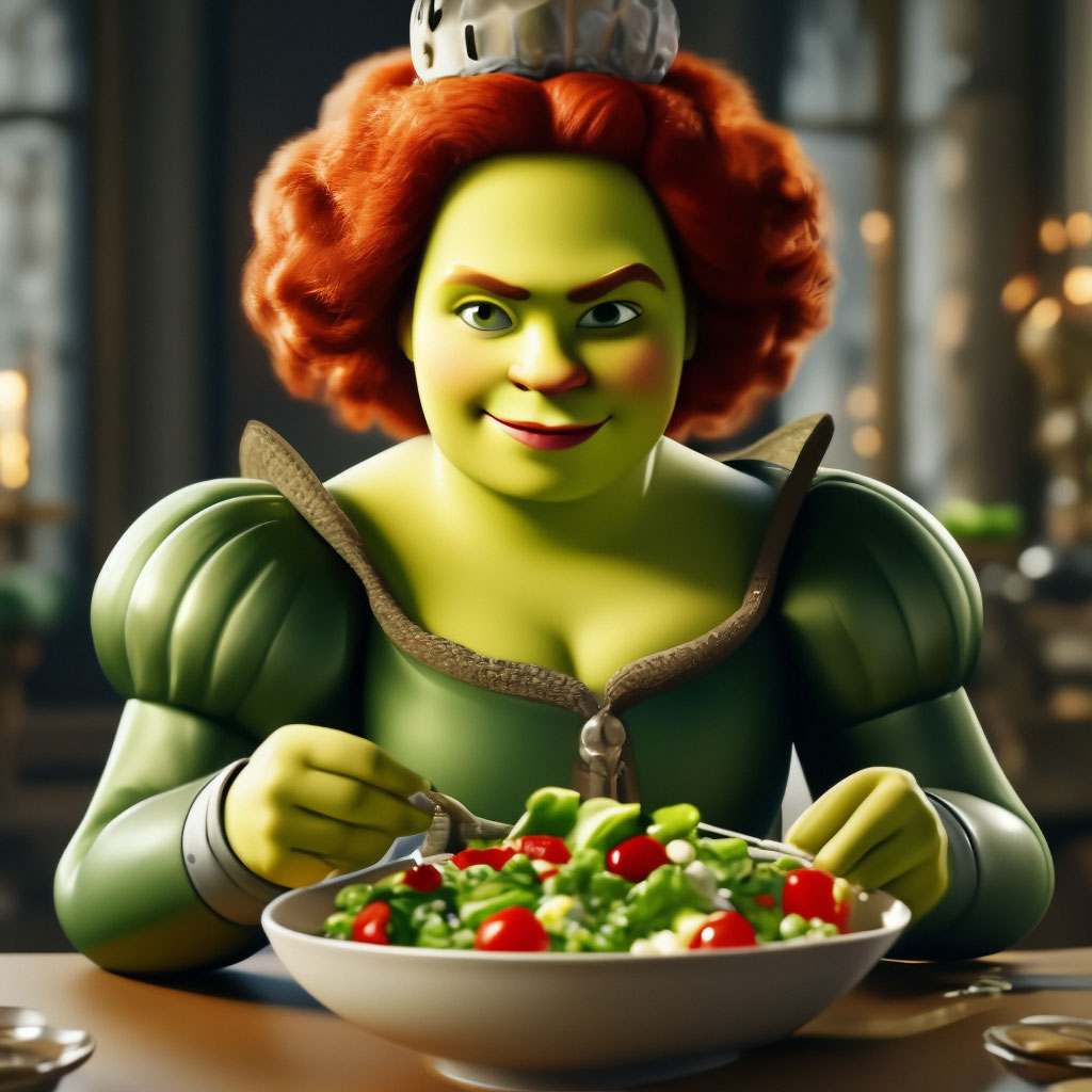 "Princess Fiona eats a salad" — image created in Shedevrum