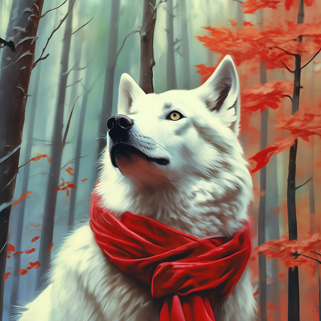 "White Fang full-length,in a red scarf, in an autumn forest,realistic ...