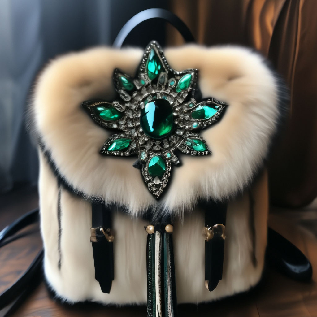 "Lotus backpack with fur, black pearls and emerald rhinestones" — image ...