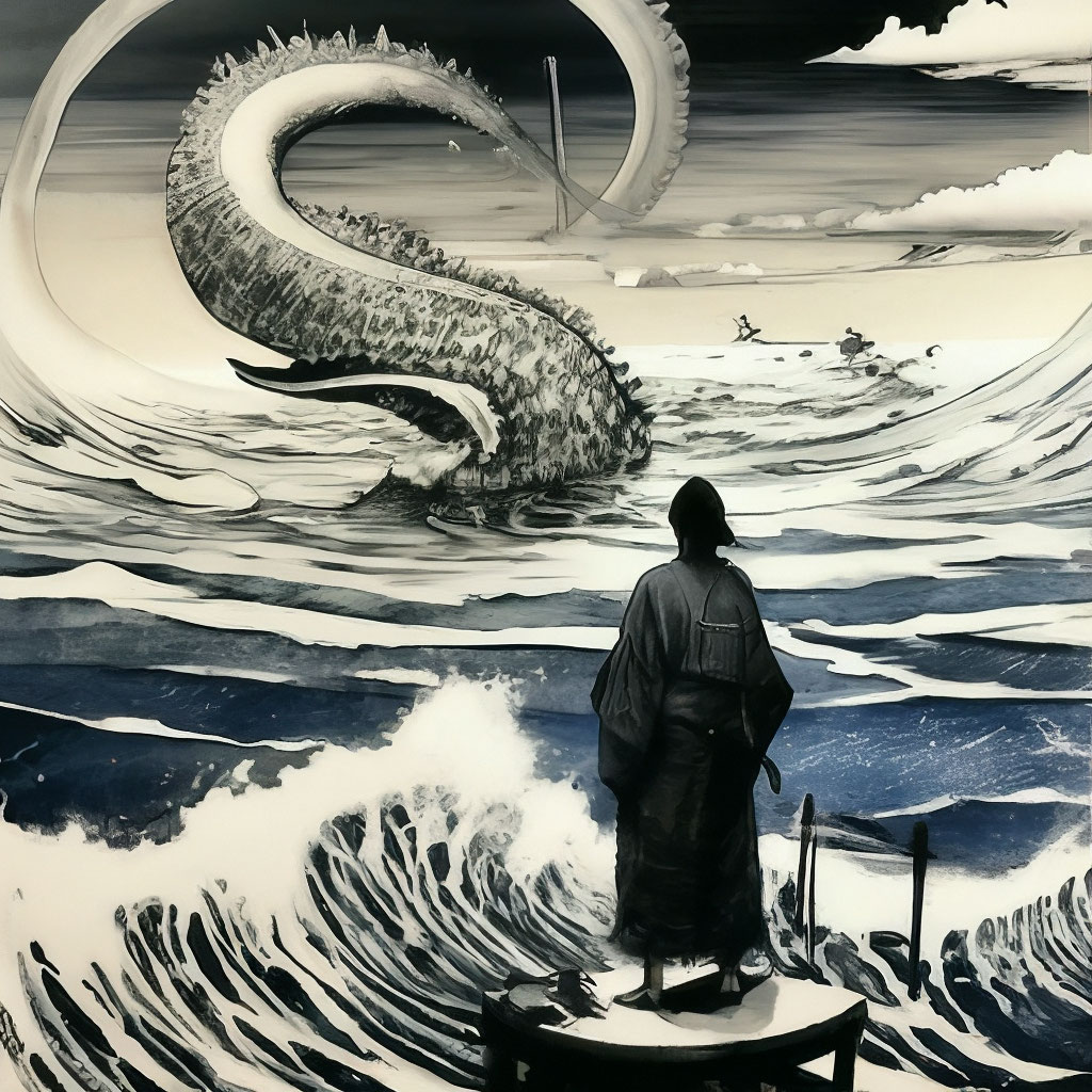 "Man + sea + surrealism, Japanese ink, surrealism" — image created in ...