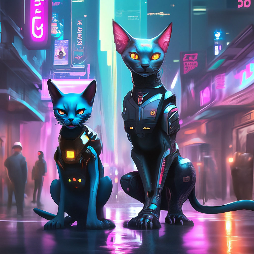 "A cat and a sphinx cat on a city street in the cyberpunk style ...