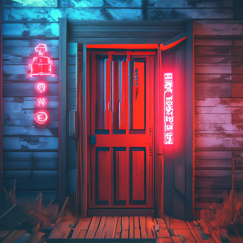 "Stylish wooden door, bright stickers, neon red backlight ...