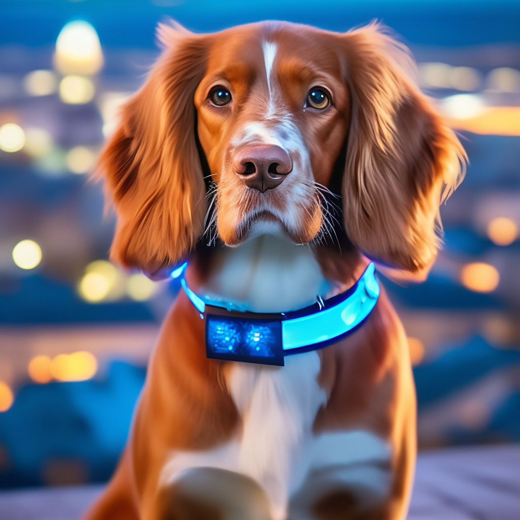 "Dog red hunting spaniel on the background of the city in a blue ...
