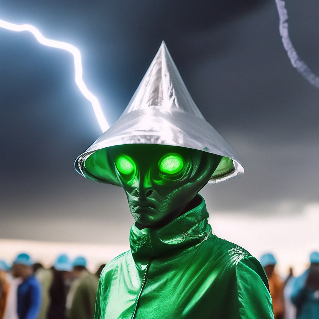 "An alien in a foil cap, a silver cone-shaped foil cap, a green alien ...