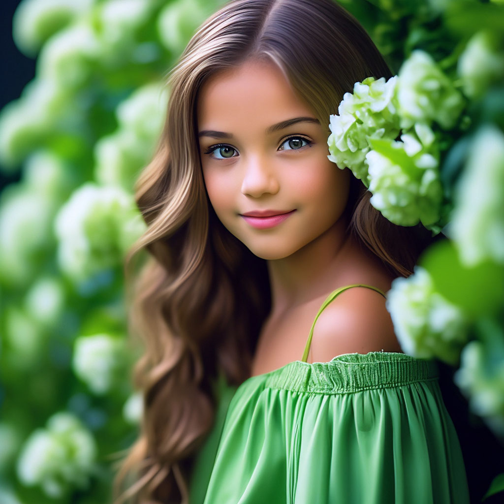 "Beautiful girl in green and light green flowers, aesthetically ...