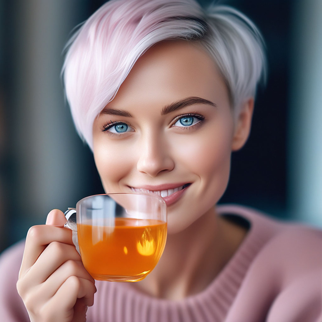 "A pretty blonde with a very short haircut of a slightly pink shade and ...