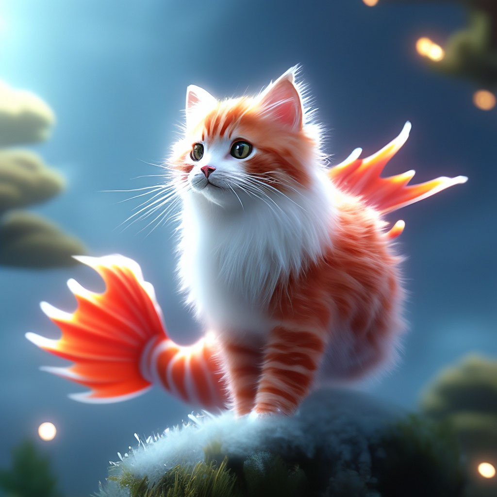 "Hybrid cat + fish, fish+cat, very fluffy chic red cat with shiny wavy ...