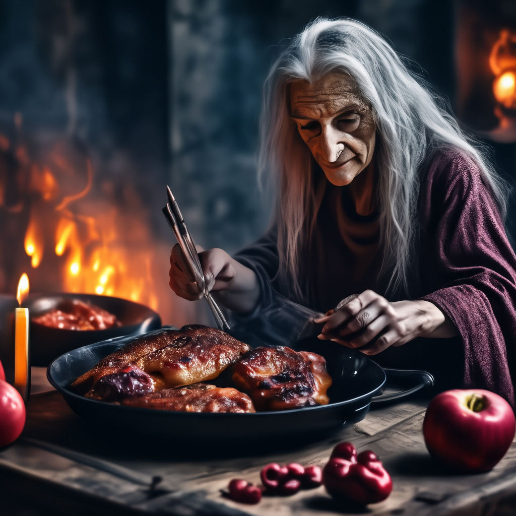 "The old witch is cooking meat for a steak. There are red apples on the ...