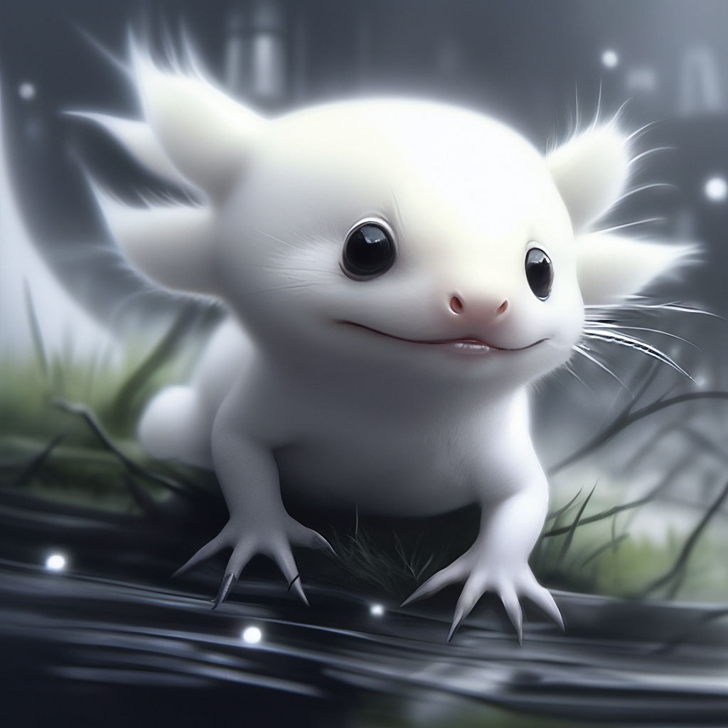 "Digital anime art sketch . axolotl spirit . a sly smile . brilliant ...