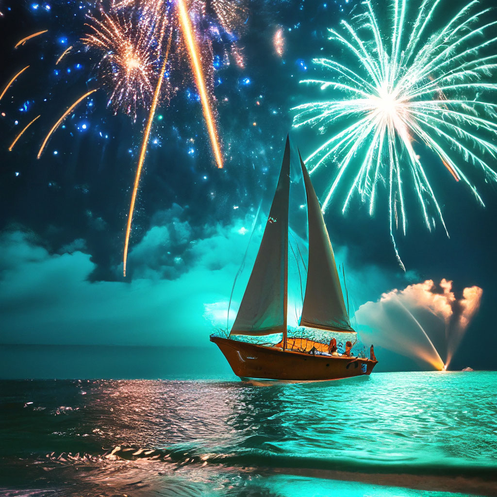 "Beautiful fireworks over the sea, night, beach, palm trees, sailboat ...