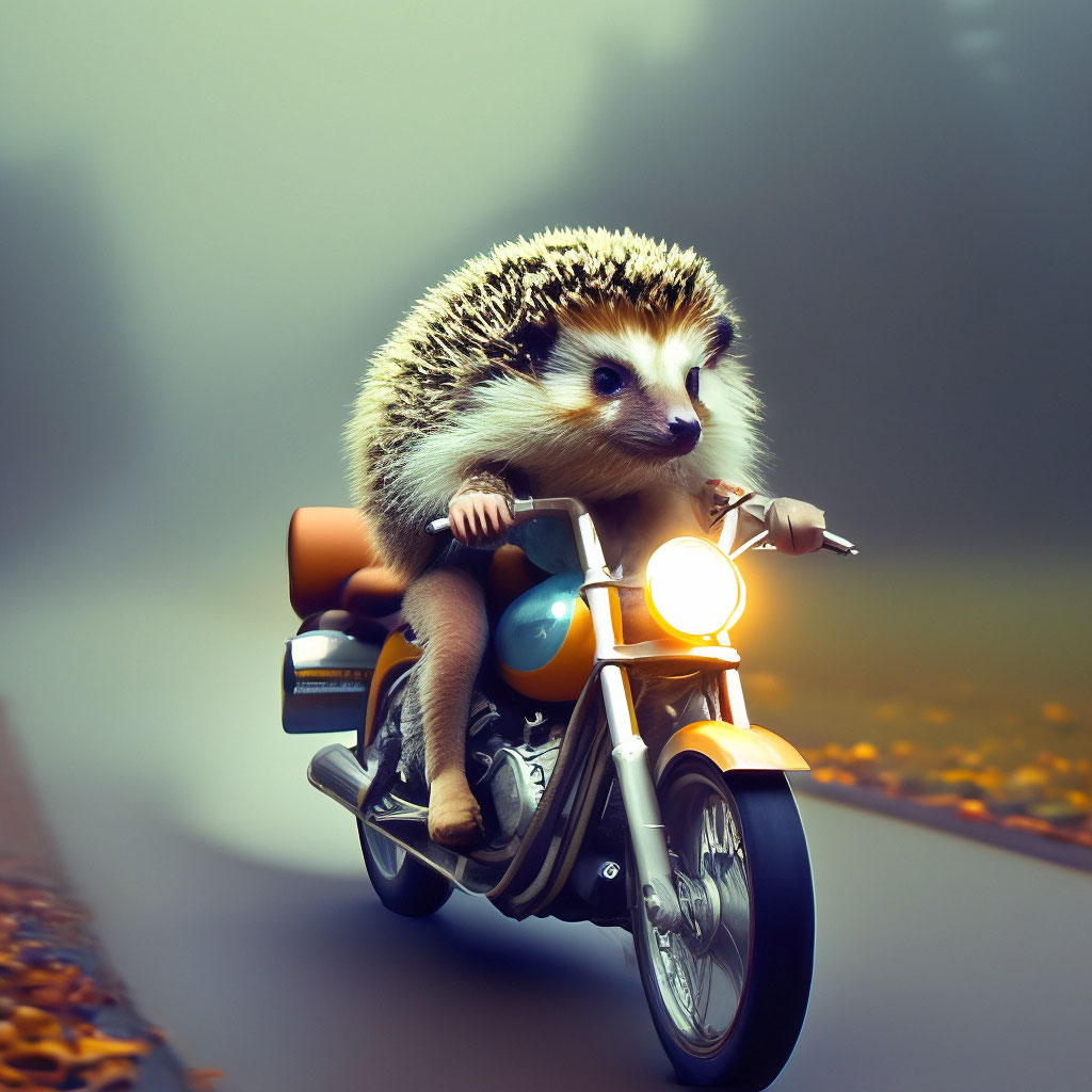 "Hedgehog in the fog on a motorcycle" — image created in Shedevrum