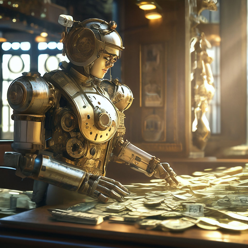 "A robot banker made of gears and mechanisms, in a bank behind the ...