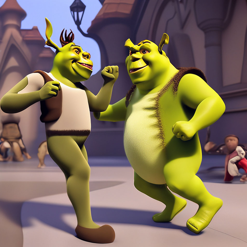"Shrek dances a hard tap dance with a donkey" — image created in Shedevrum
