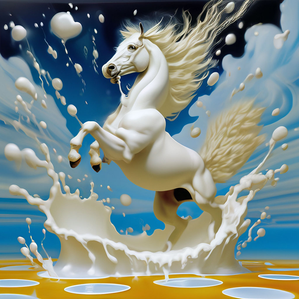 "In the style of Salvador Dali, a white centaur jumps on milk, splashes ...