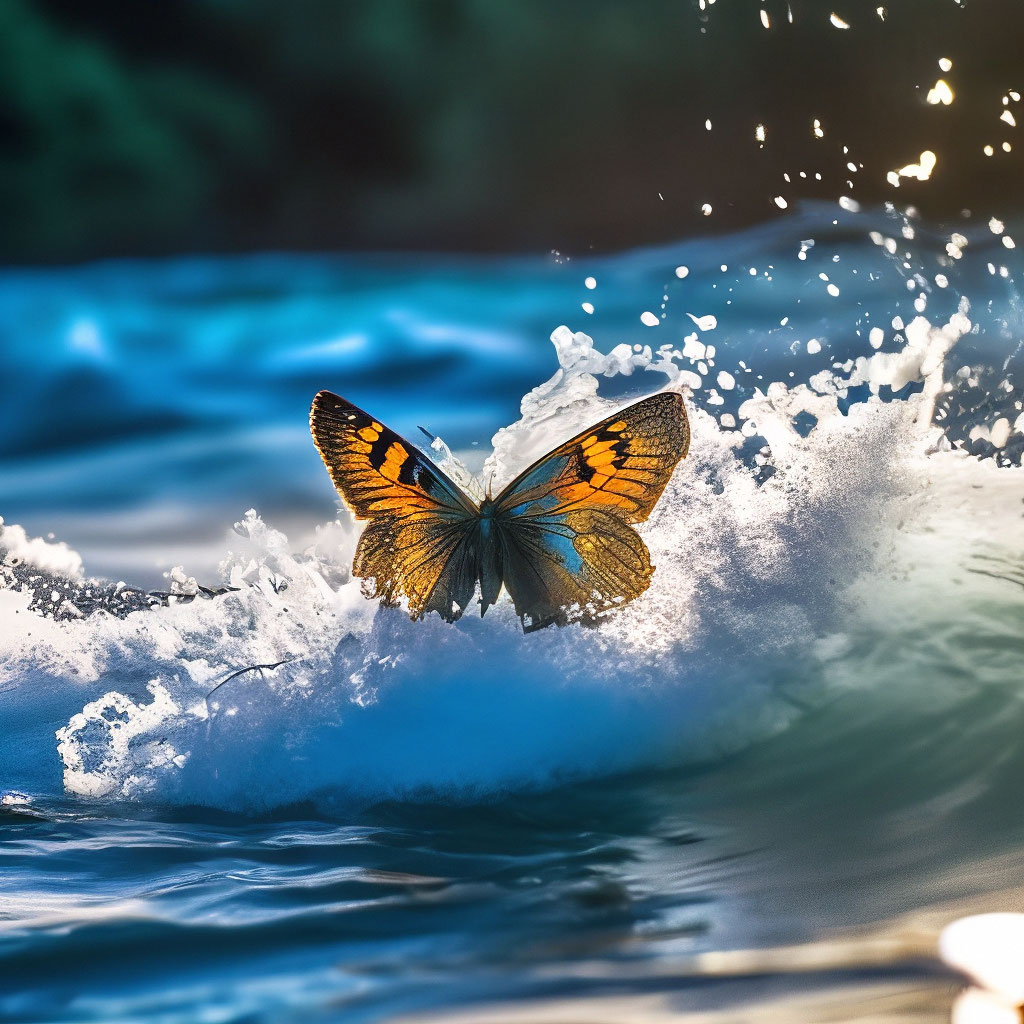 "A large sea wave, foam on a wave,splashes of water, a bright butterfly ...