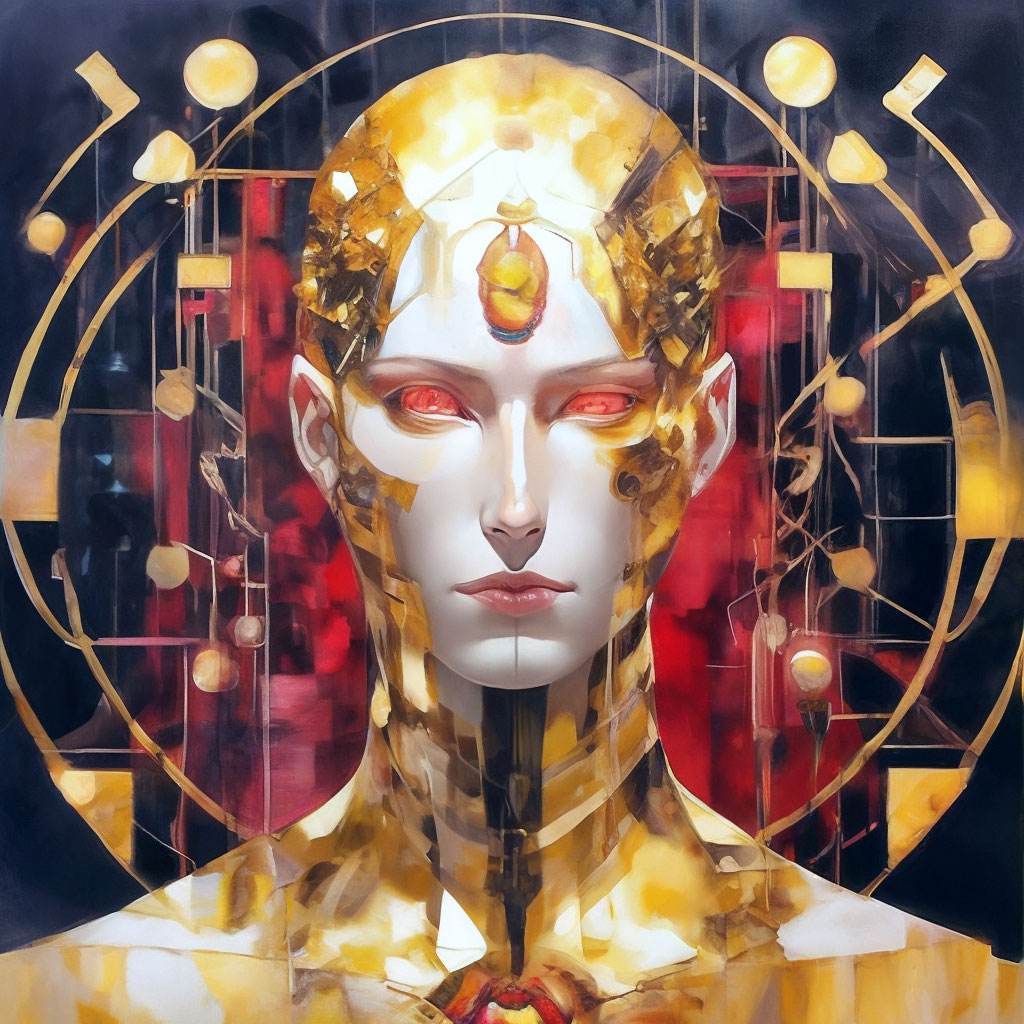 "Golden Anima , beautiful male face, spark plugs instead of hair ...