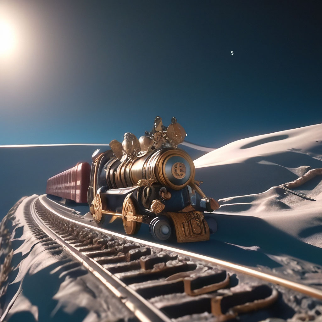 "Clockwork train on the ring of Saturn, wide shot, taken with a 35mm ...