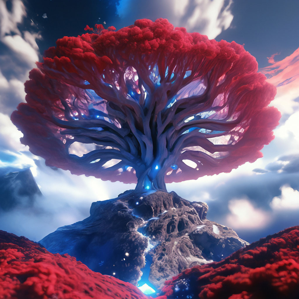 "A huge silk tall hemispherical tree in the clouds on the mountain ...