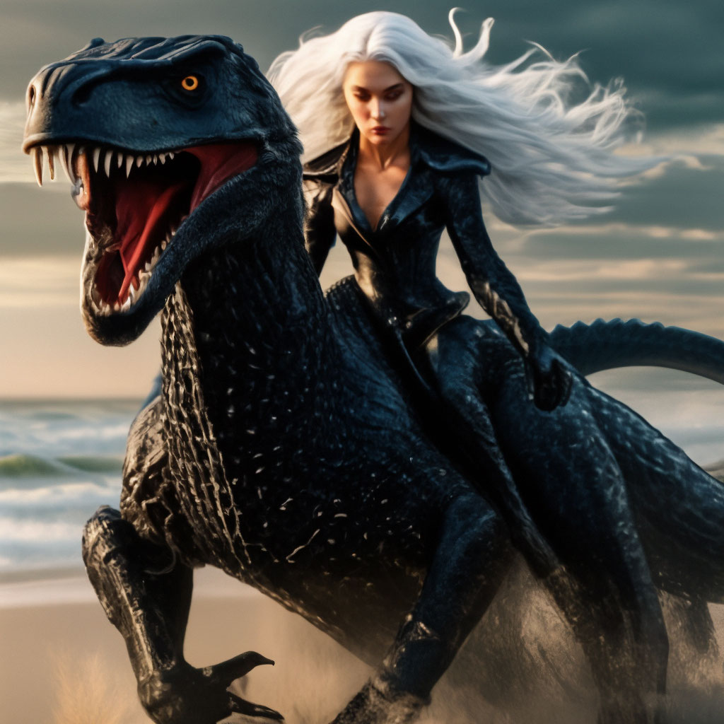 "A girl with white hair rides a black raptor on the beach, fantasy ...