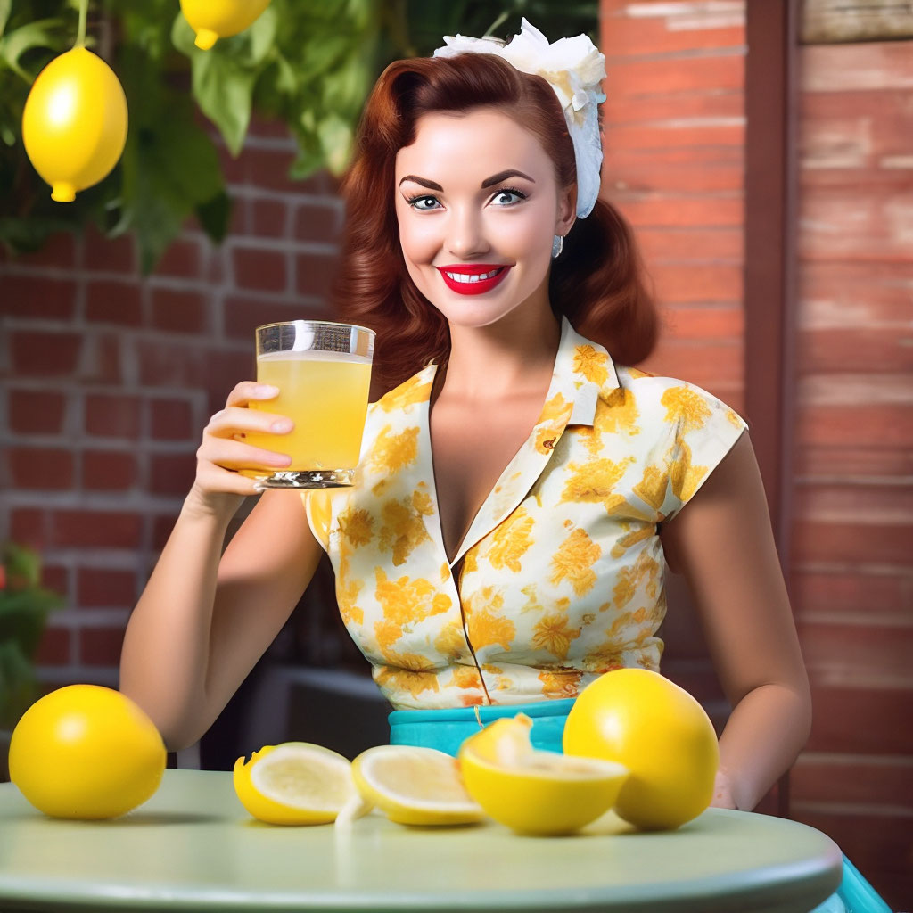 "A pin-up girl is sitting at a table with a glass of lemonade" — image ...