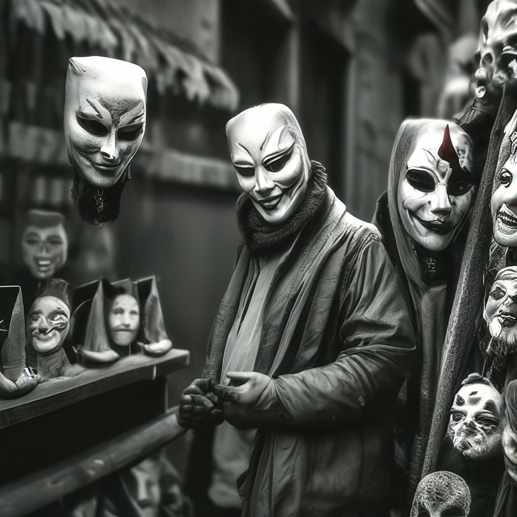 "Sad seller scary masks sold in a back alley, dark, horror" — image ...