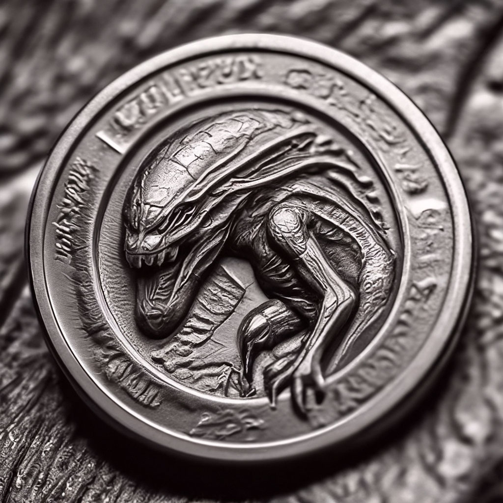 "Xenomorph, coinage impression on a coin, monochrome" — image created ...