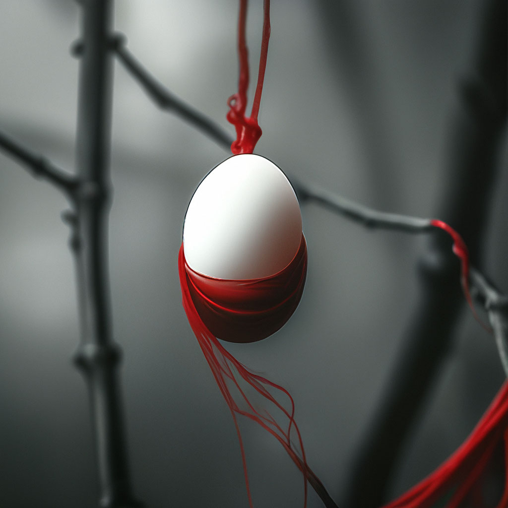 "A raw egg is hanging on a thin red thread, a bullet hitting an egg ...